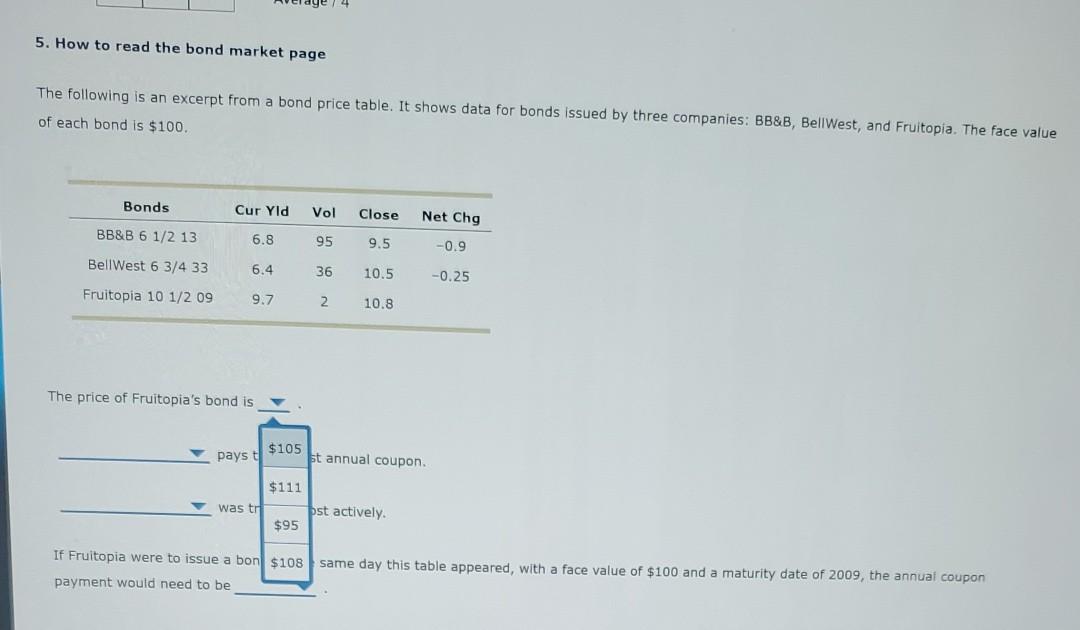 Solved 5. How to read the bond market page The following is | Chegg.com