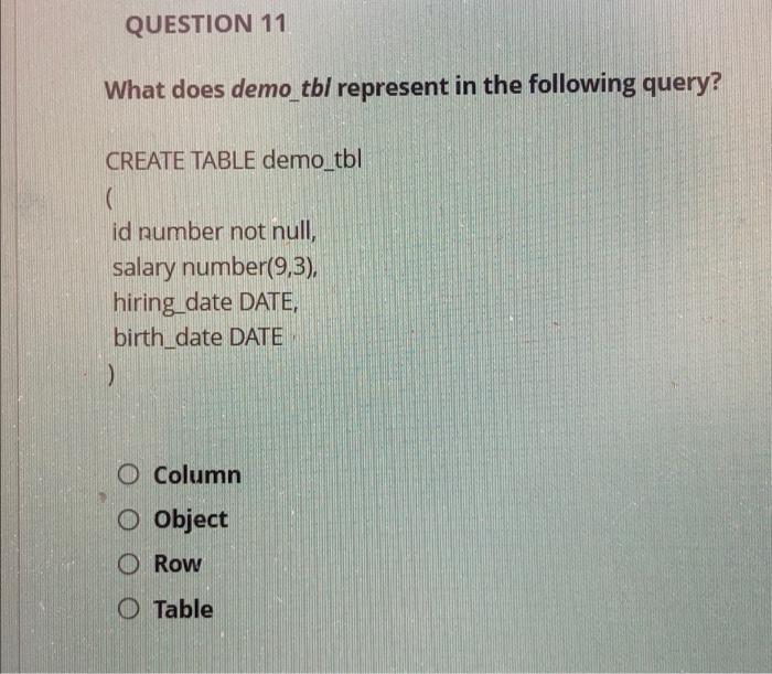 Solved QUESTION 11 What does demo tbl represent in the | Chegg.com