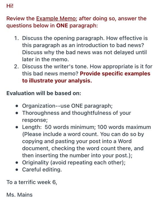 Solved Hi! Review the Example Memo; after doing so, answer | Chegg.com