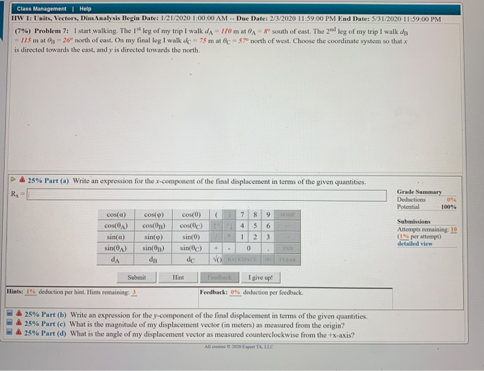 Solved Class Management | Help HW 1: Units, Vectors, | Chegg.com
