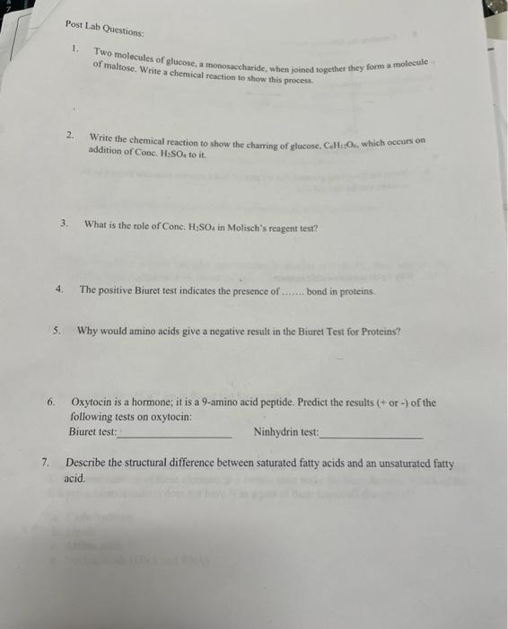 Solved Post Lab Questions: 1. Two molecules of glucose, a | Chegg.com
