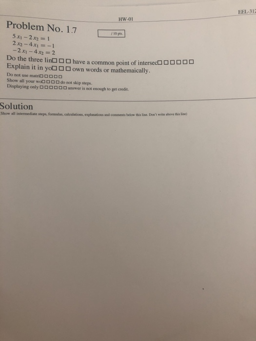 Solved 5x1-2x2=1 2x2-4x1=-1 -2x1-4x2=2 do the three lines | Chegg.com