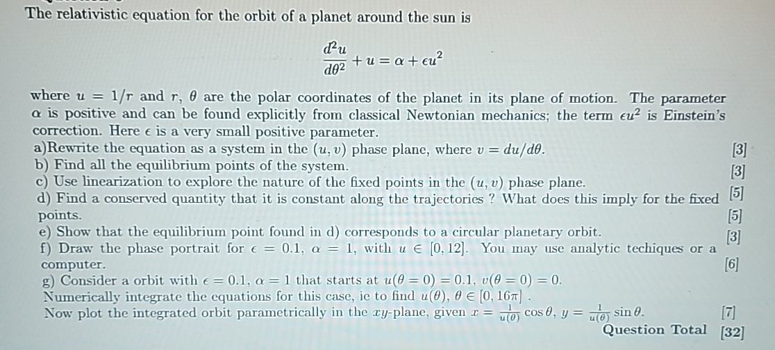 Solved The relativistic equation for the orbit of a planet | Chegg.com