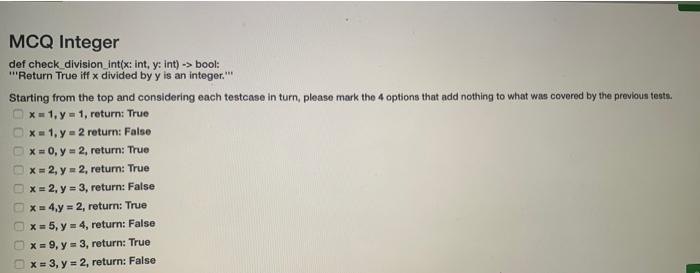 MCQ Integer def check division_int(x: int, y: int) -> | Chegg.com