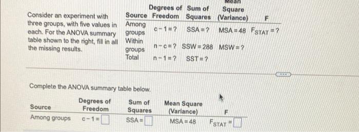 Solved Mean Degrees of Sum of Square Consider an experiment | Chegg.com