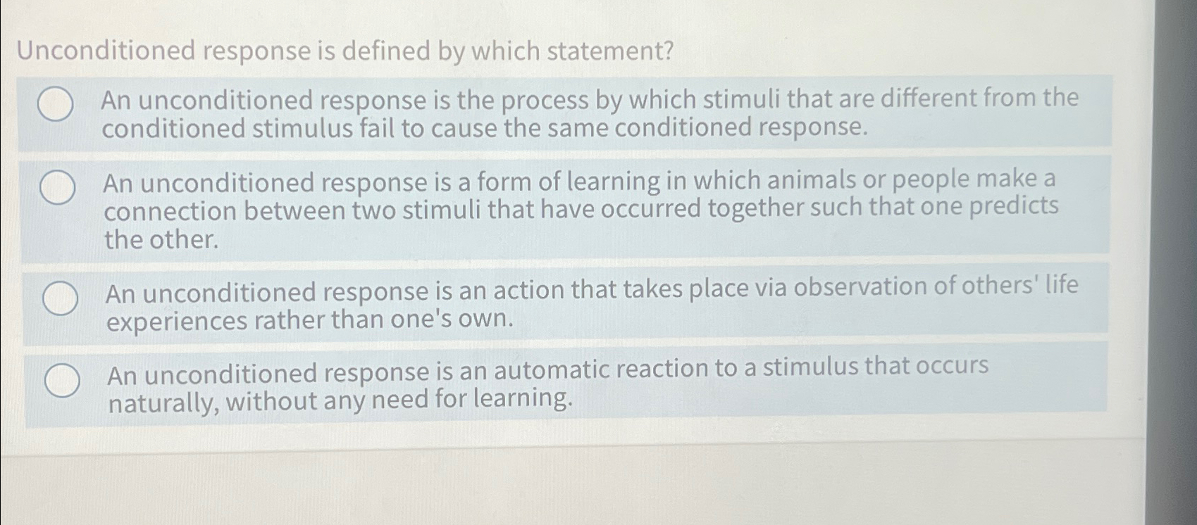 Solved Unconditioned response is defined by which | Chegg.com