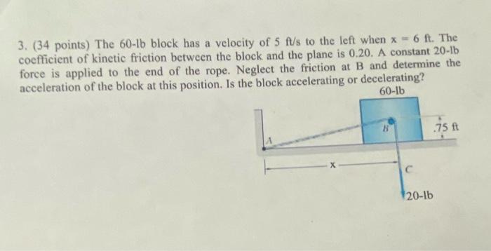 Solved 3. (34 points) The 60−lb block has a velocity of | Chegg.com