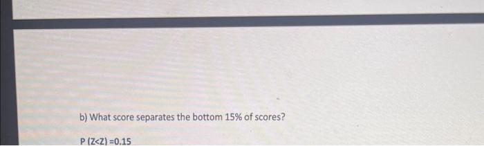 b) What score separates the bottom 15% of scores? P(Z | Chegg.com