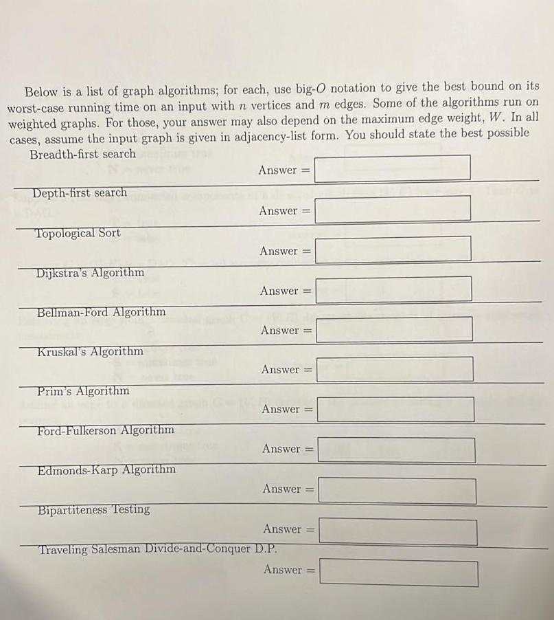 Solved Below is a list of graph algorithms; for each, use | Chegg.com
