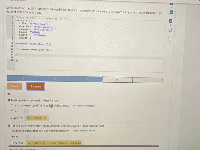 Solved > 2 Define a setter function named won Award that | Chegg.com