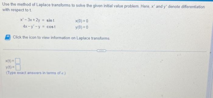Solved Use the method of Laplace transforms to solve the | Chegg.com