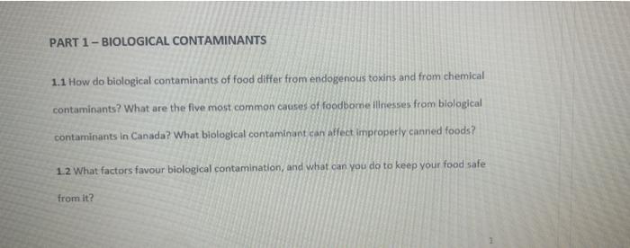 Solved PART 1 - BIOLOGICAL CONTAMINANTS 1.1 How do | Chegg.com