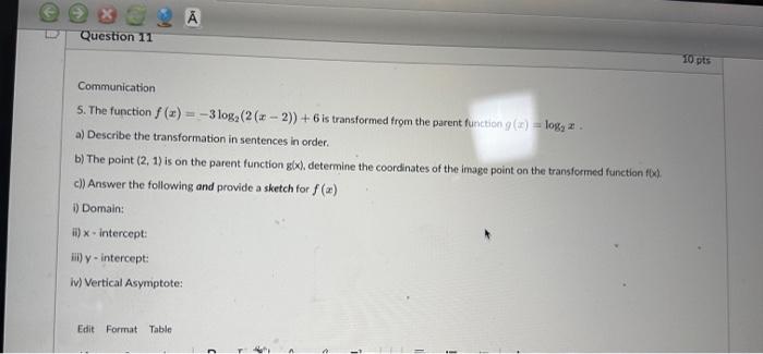 Solved 5. The function f(x)=−3log2(2(x−2))+6 is transformed | Chegg.com