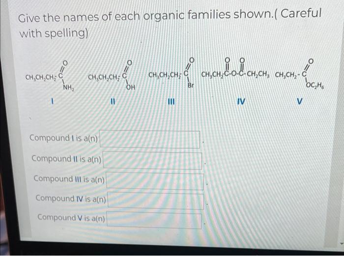 Solved Give the names of eadh organic families shown. I cant | Chegg.com