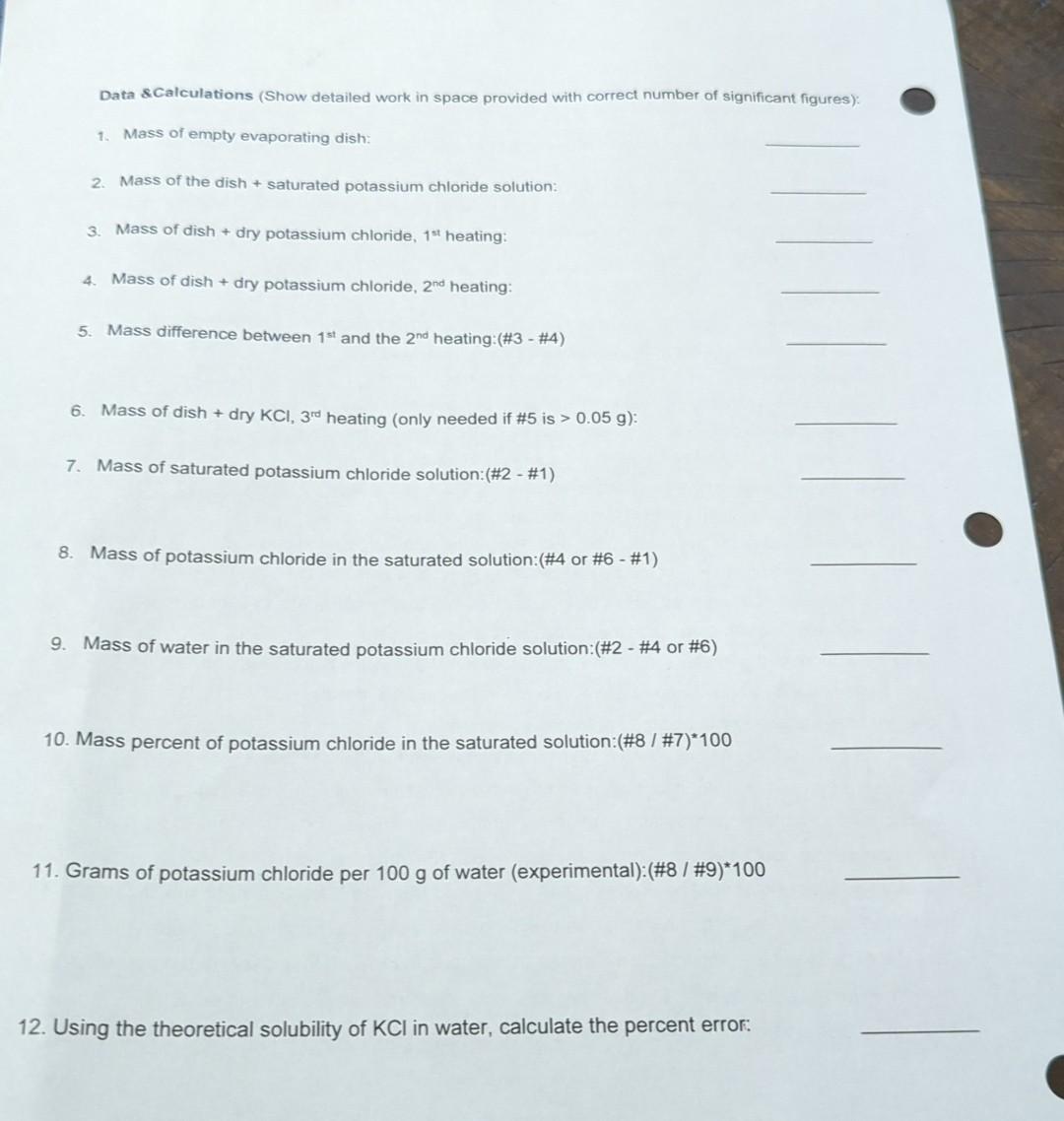 Data & Calculations (Show detailed work in space | Chegg.com
