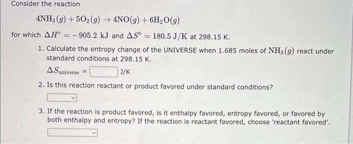 Solved Consider the reaction 4NH3(g)+5O2(g)→4NO(g)+6H2O(g) | Chegg.com
