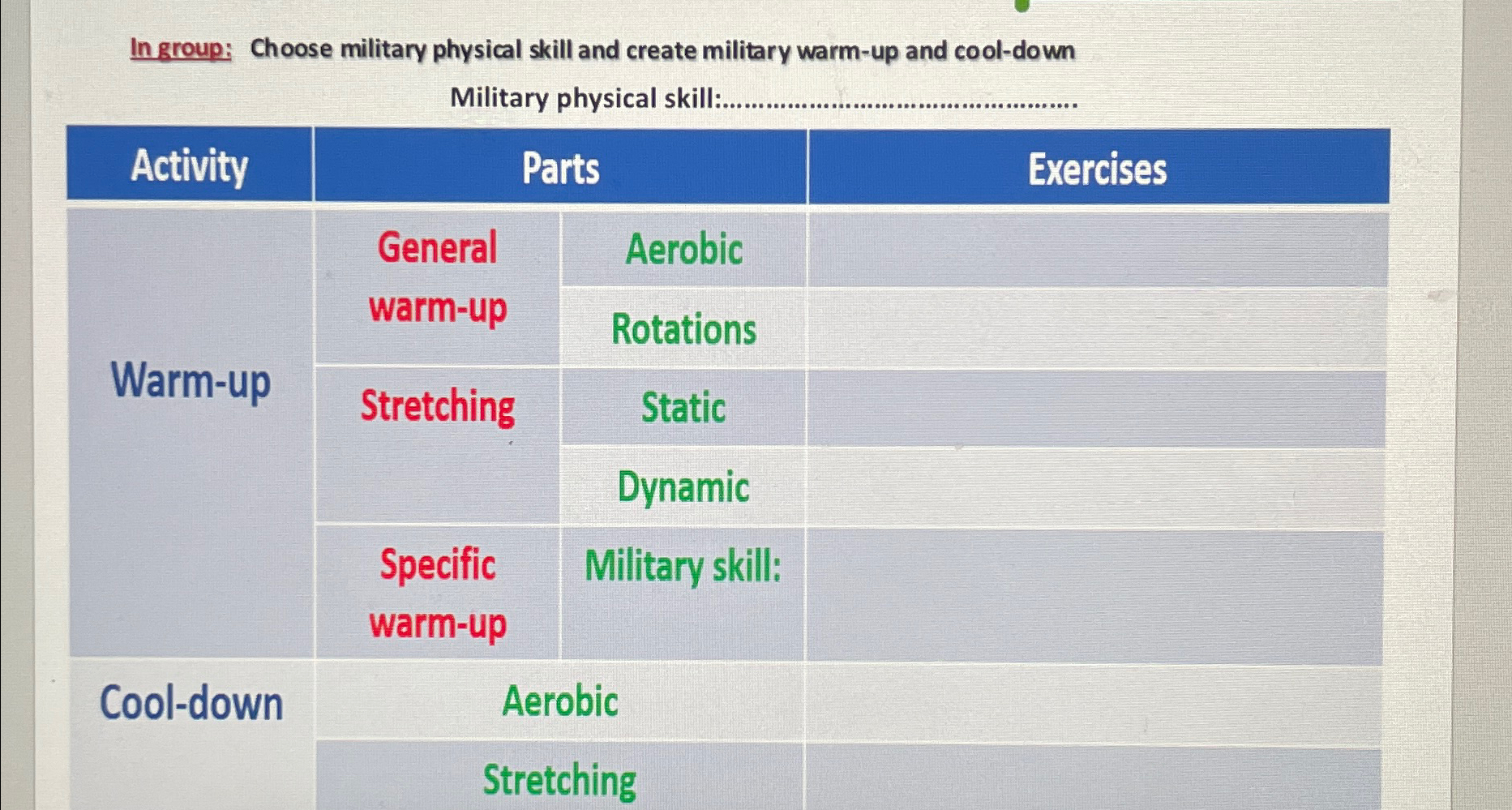 Solved In group: Choose military physical skill and create | Chegg.com