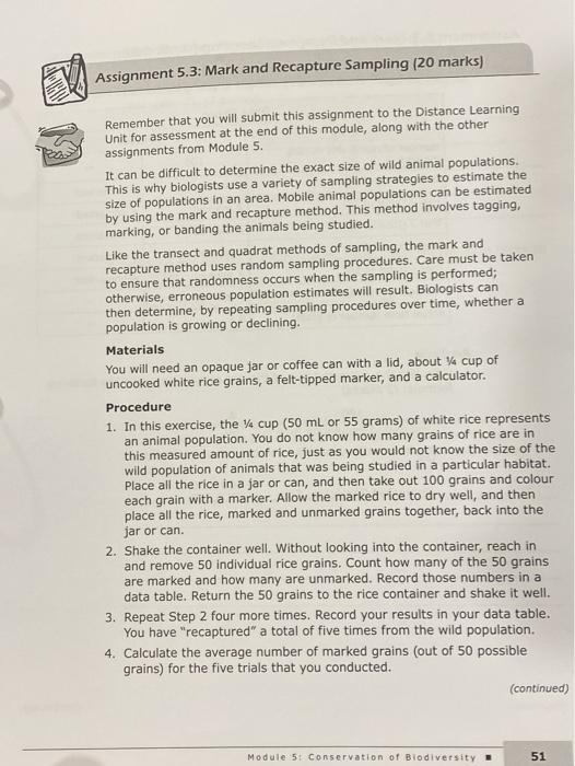 Solved Assignment 5.3: Mark and Recapture Sampling (20 | Chegg.com