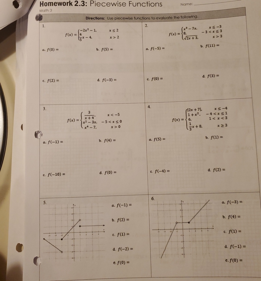 Solved Homework 2.3: Piecewise FunctionsName:Math | Chegg.com
