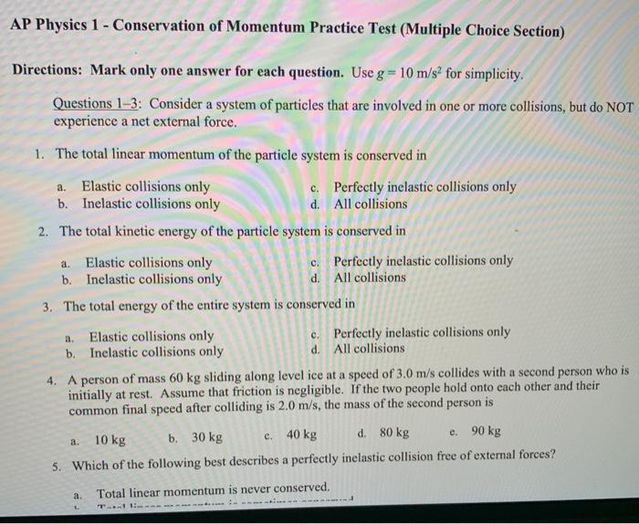 Solved AP Physics 1 - Conservation of Momentum Practice Test | Chegg.com