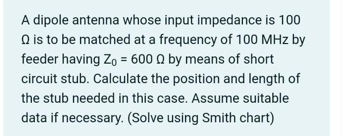 Solved A dipole antenna whose input impedance is 100 is to | Chegg.com