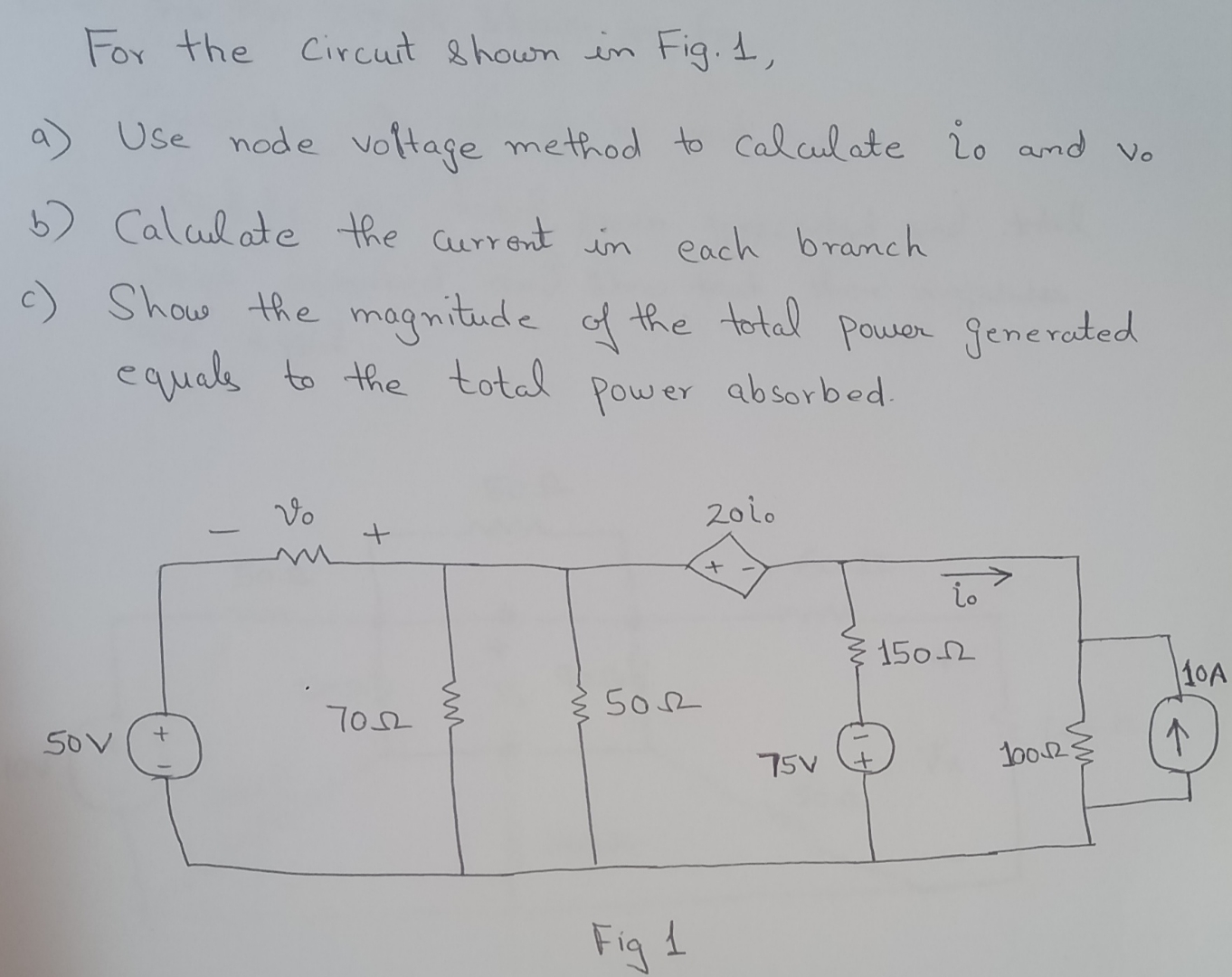 Solved For the circuit shown in Fig. 1,a) ﻿Use node voltage | Chegg.com