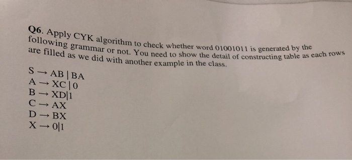 Solved Q6. Apply CYK algorithm to check following grammar or | Chegg.com