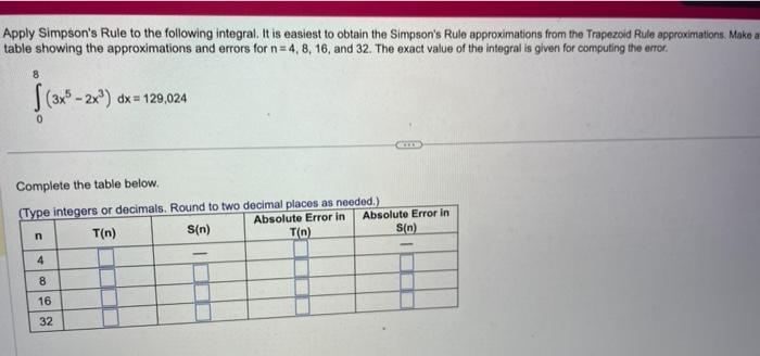 Solved Apply Simpson's Rule to the following integral. It is | Chegg.com