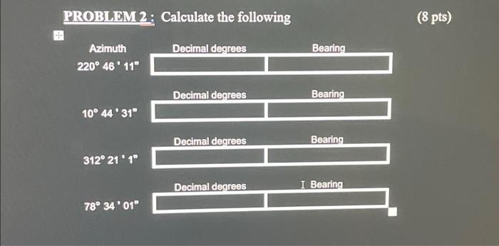 Solved PROBLEM 2: Calculate the following Azimuth 220° 46' | Chegg.com