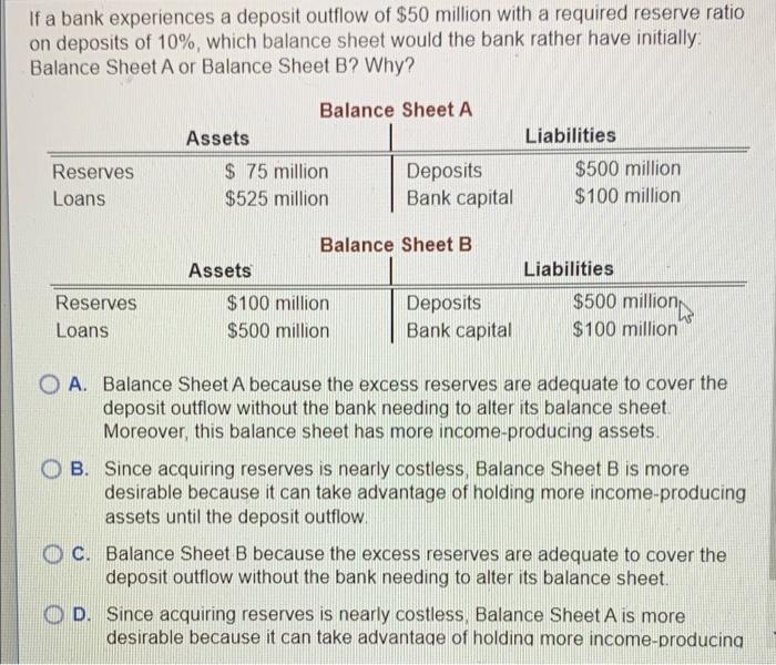Solved If a bank experiences a deposit outflow of $50 | Chegg.com