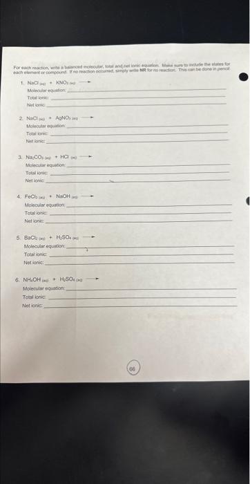 Solved for each reaction, write a balanced molecular, total | Chegg.com