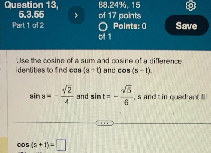 Solved Use the cosine of a sum and cosine of a difference | Chegg.com