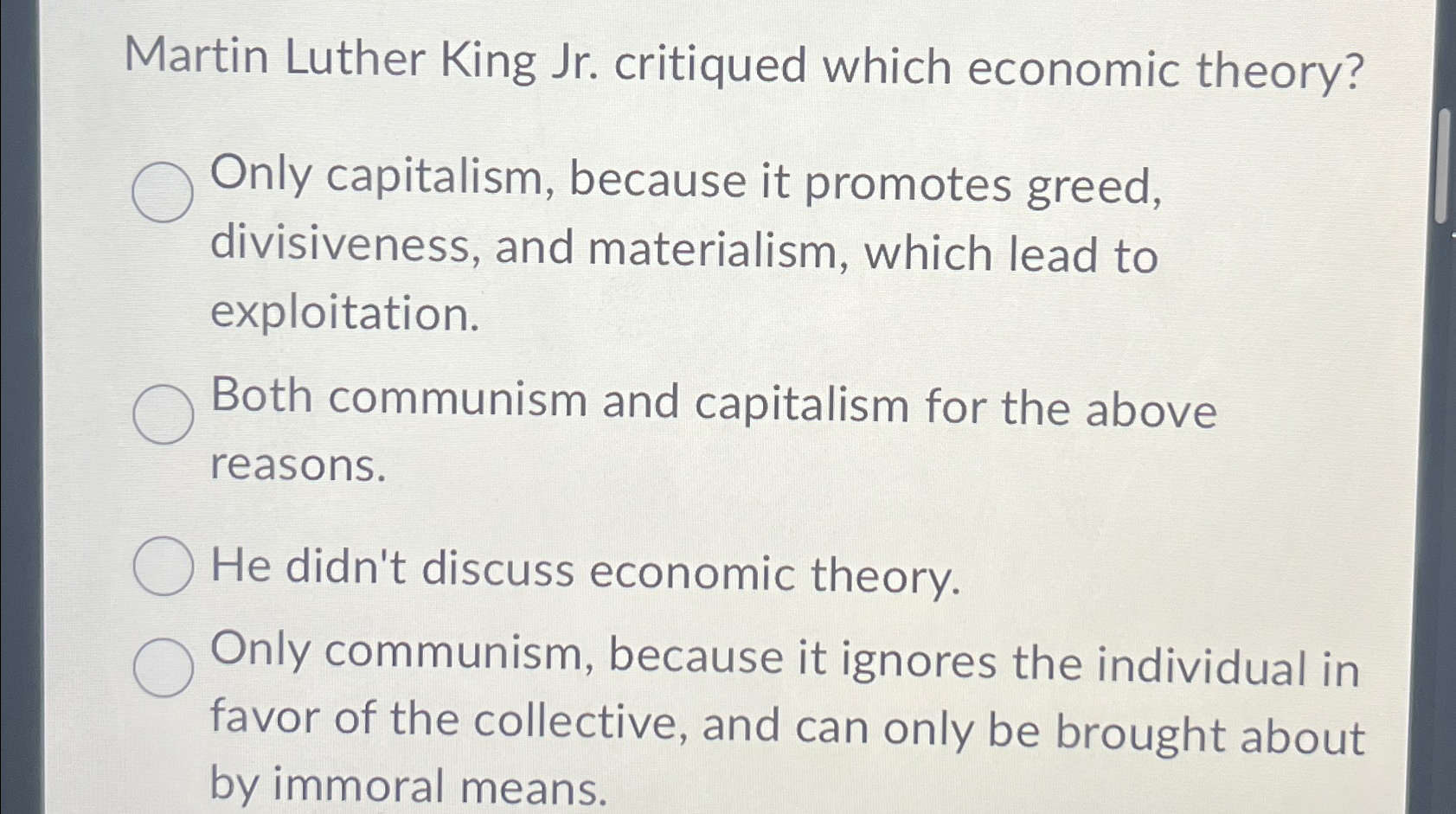 Solved Martin Luther King Jr. ﻿critiqued which economic | Chegg.com