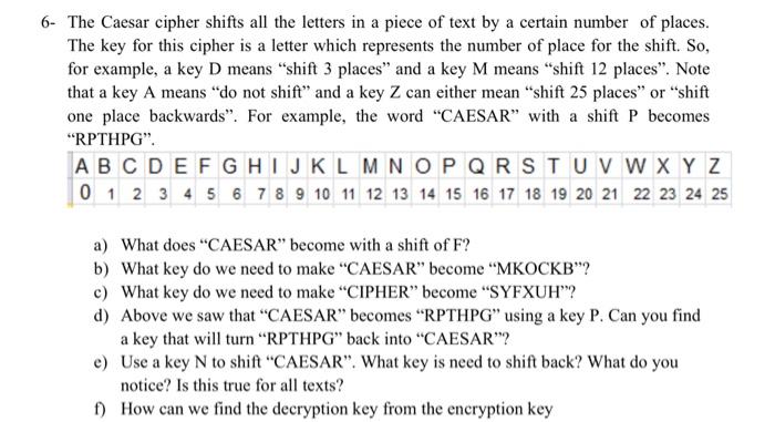 Solved 6- The Caesar cipher shifts all the letters in a | Chegg.com