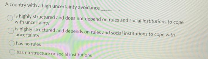 Solved A country with a high uncertainty avoidance is highly | Chegg.com