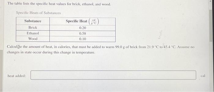 Solved The table lists the specific heat values for brick, | Chegg.com