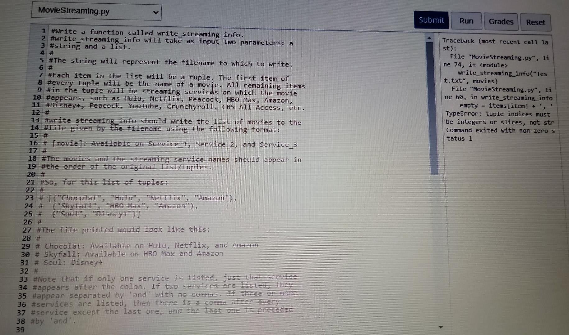 Solved 1 \#Write a function called write_streaming_info. 2 | Chegg.com