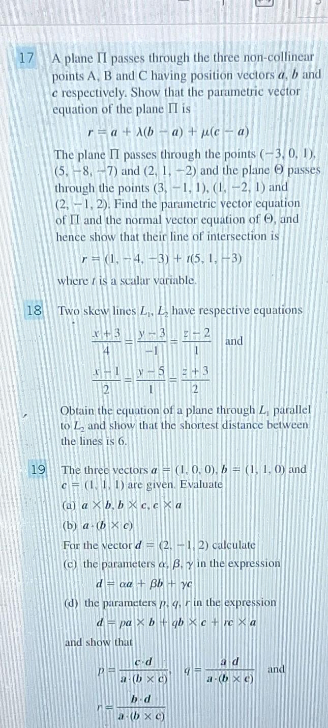 Solved A plane Π passes through the three non-collinear | Chegg.com