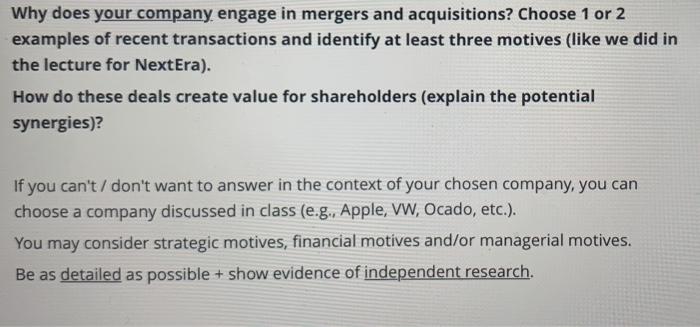 Solved Why does your company engage in mergers and | Chegg.com