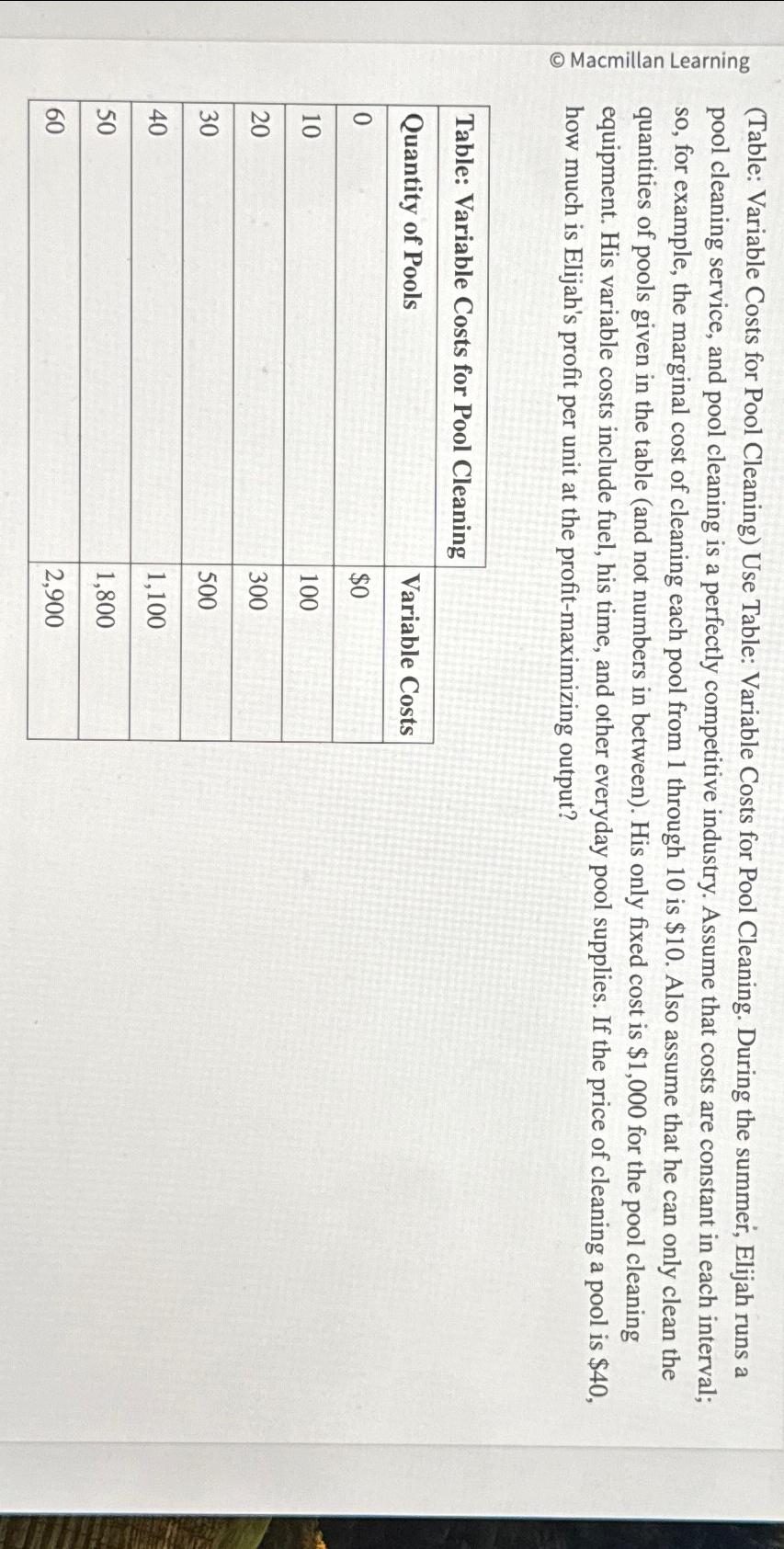 Solved 足(Table: Variable Costs for Pool Cleaning) ﻿Use | Chegg.com