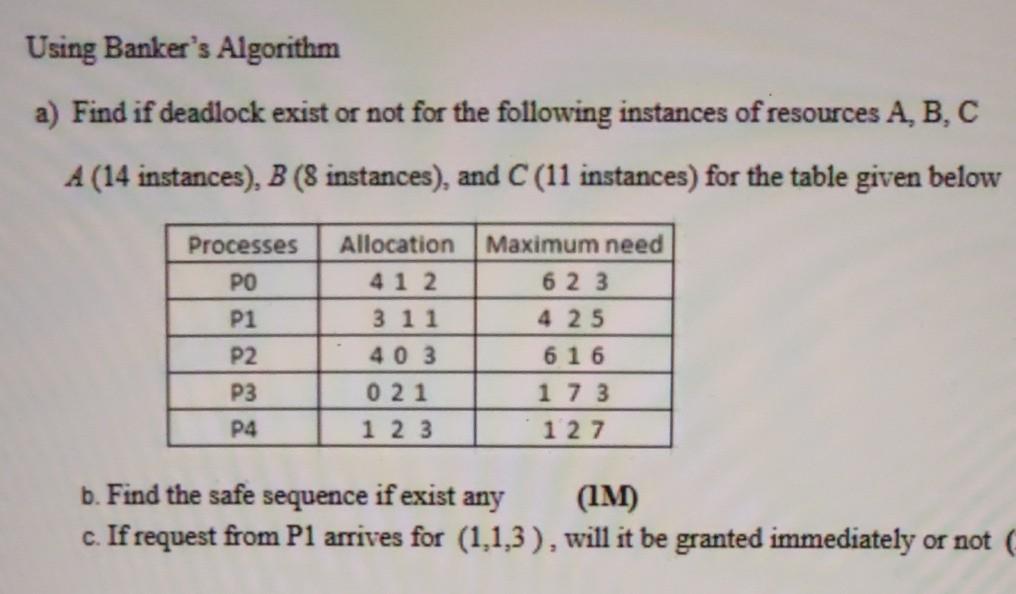 Solved Using Banker's Algorithm a) Find if deadlock exist or | Chegg.com