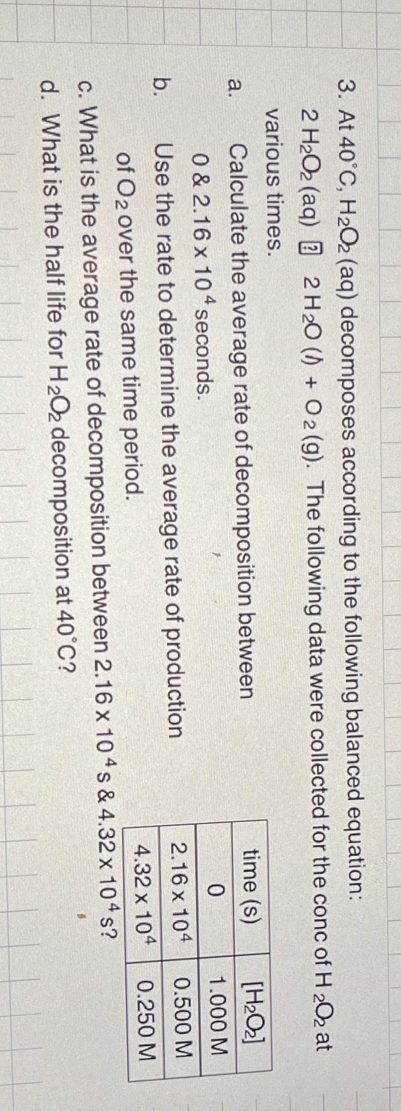 Solved At 40°C,H2O2 (aq) ﻿decomposes according to the | Chegg.com
