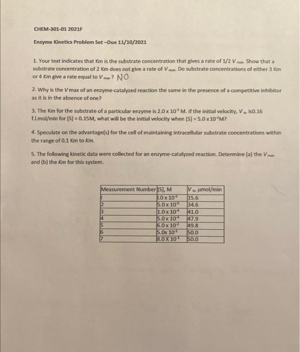 Solved CHEM-301-01 2021F Enxyme Kinetics Problem Set-Due | Chegg.com