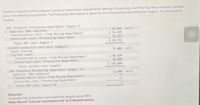 Solved Terminal Industries (TI) produces a product using | Chegg.com