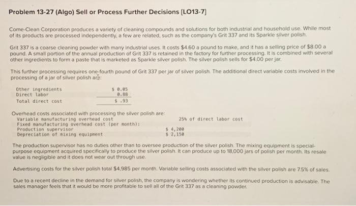 Solved Problem 13-27 (Algo) Sell or Process Further | Chegg.com