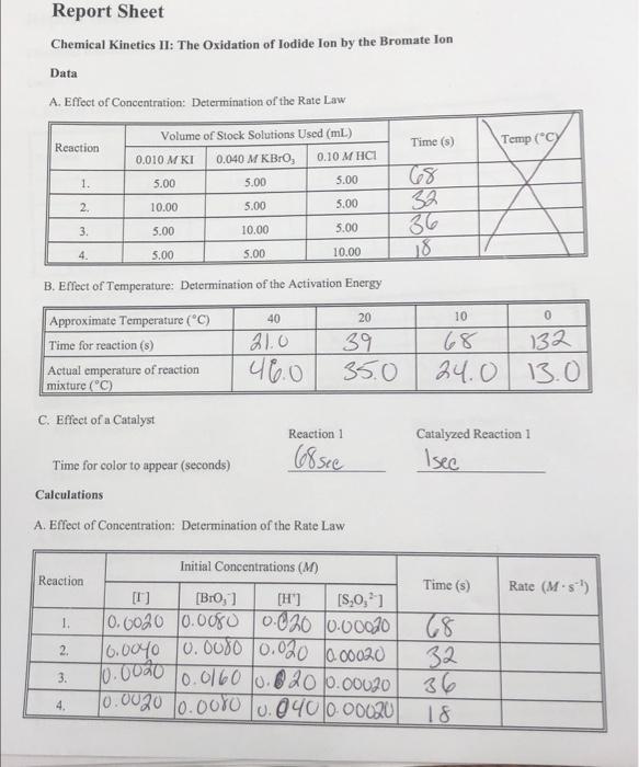 Report Sheet Chemical Kinetics II: The Oxidation of | Chegg.com