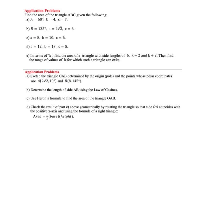 Solved Application Problems Find the area of the triangle | Chegg.com