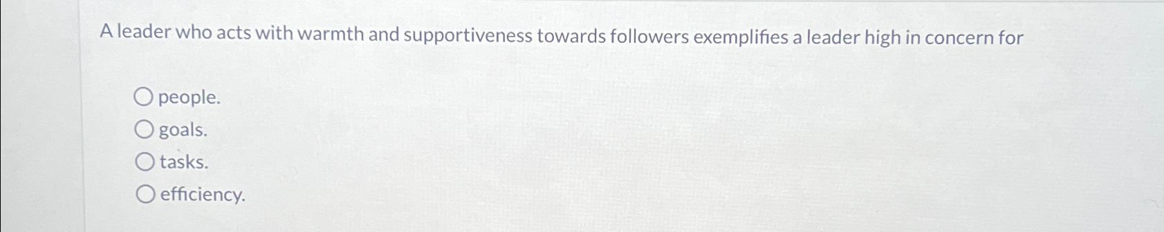 Solved A leader who acts with warmth and supportiveness | Chegg.com