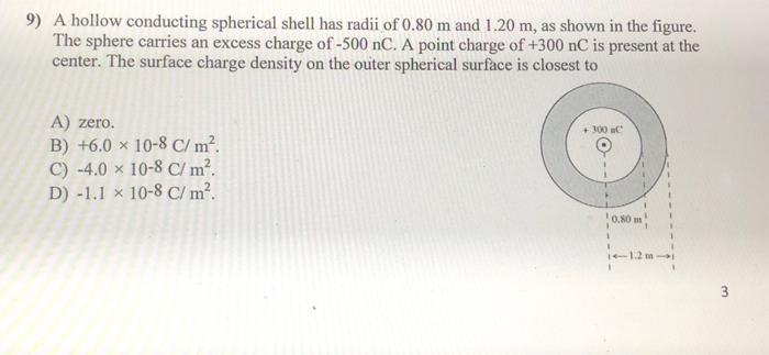 Solved 9) A hollow conducting spherical shell has radii of | Chegg.com