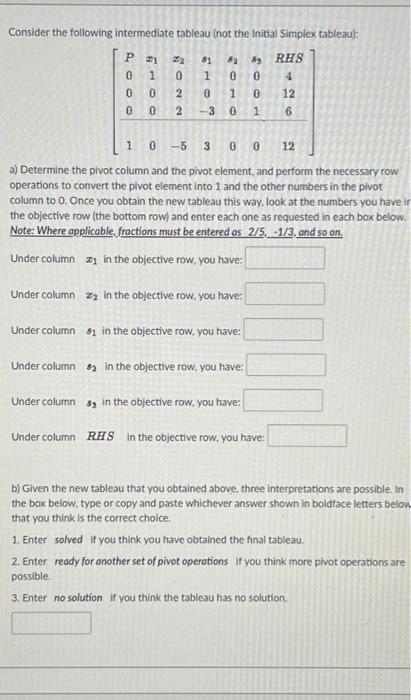 Solved Consider the following intermediate tableau (not the | Chegg.com